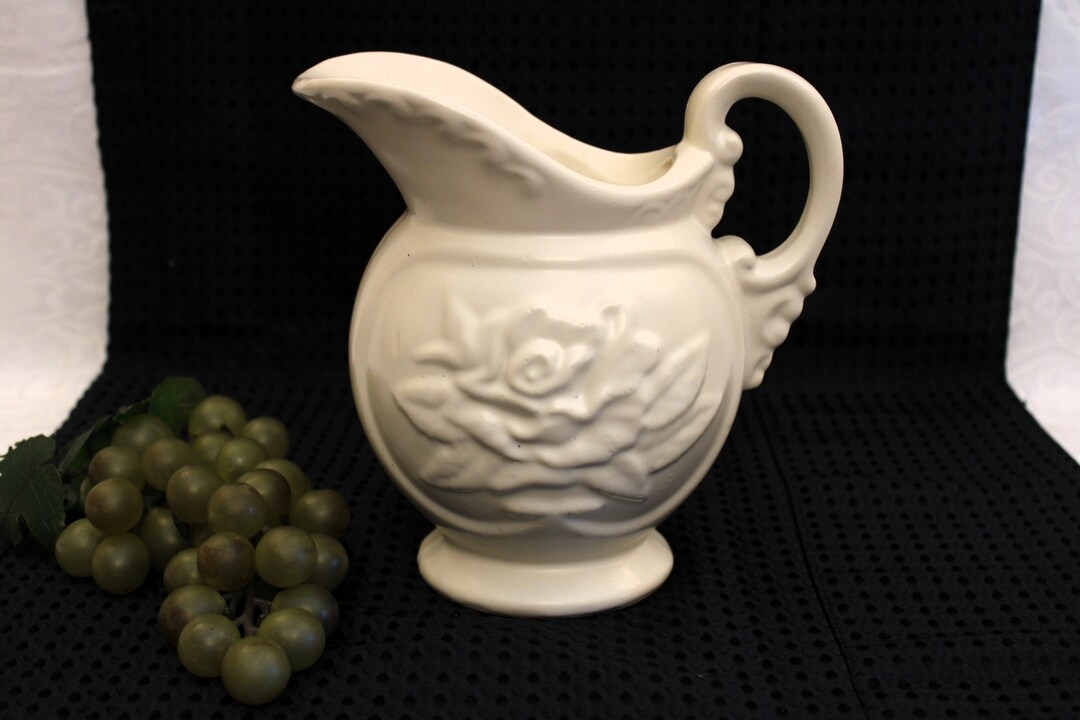 Hull Pottery Embossed Rose Pitcher Vase - Matte White Finish, Excellent ...