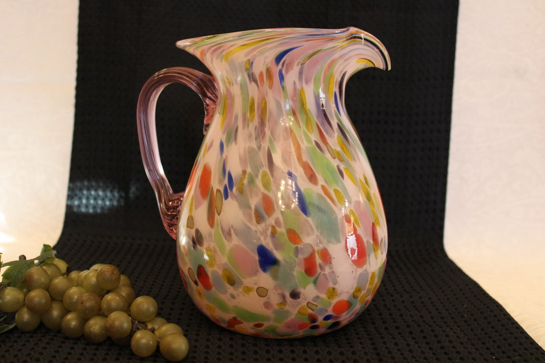Joe Deanda Spatter Glass Large Water Pitcher With Pink Handle ...