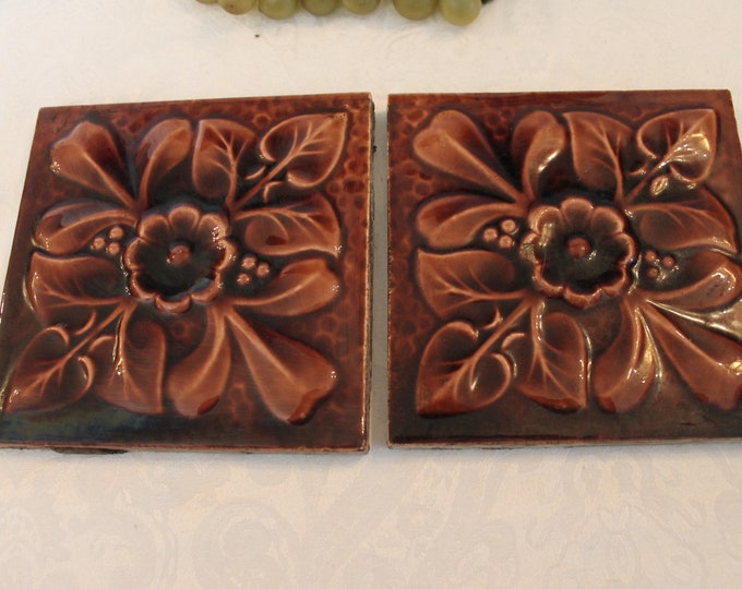 Set of 2 Hamilton Ohio Tile Works Antique Ceramic 6" Tiles With Raised ...