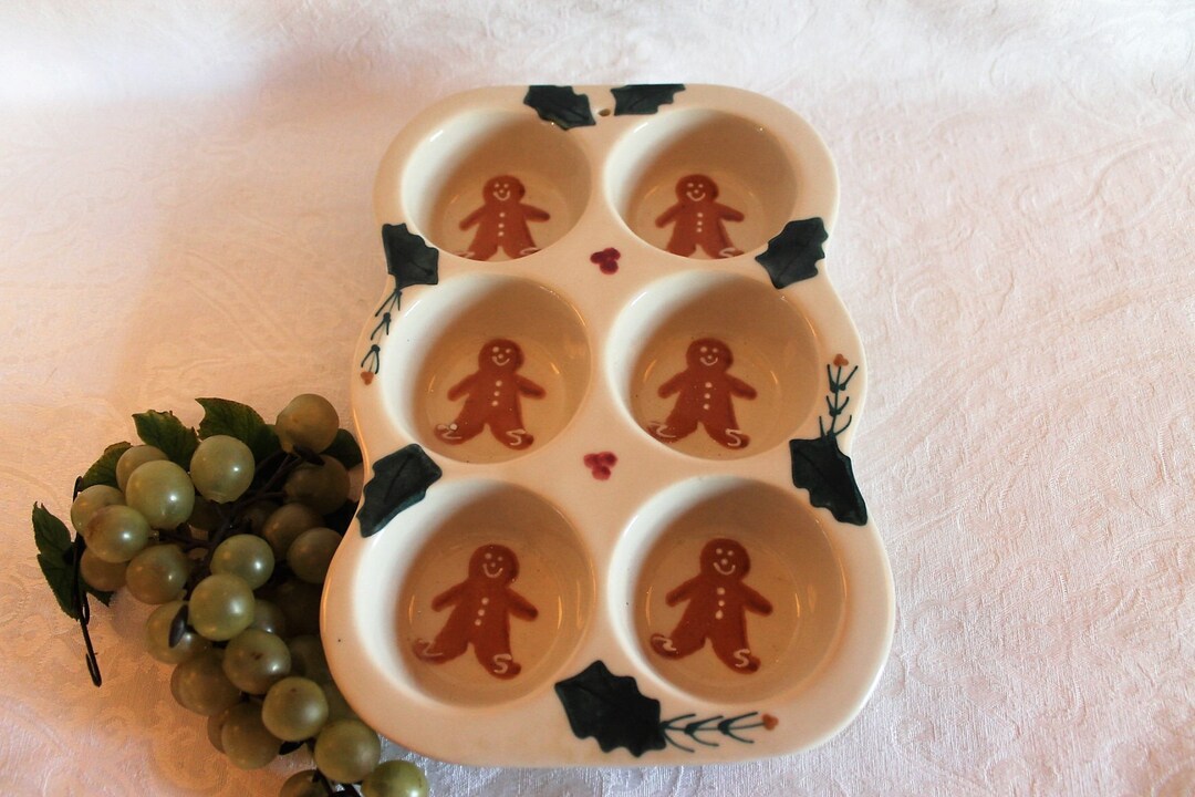 Hartstone Pottery Christmas Muffin Pan Gingerbread Man and Holly, Noble ...