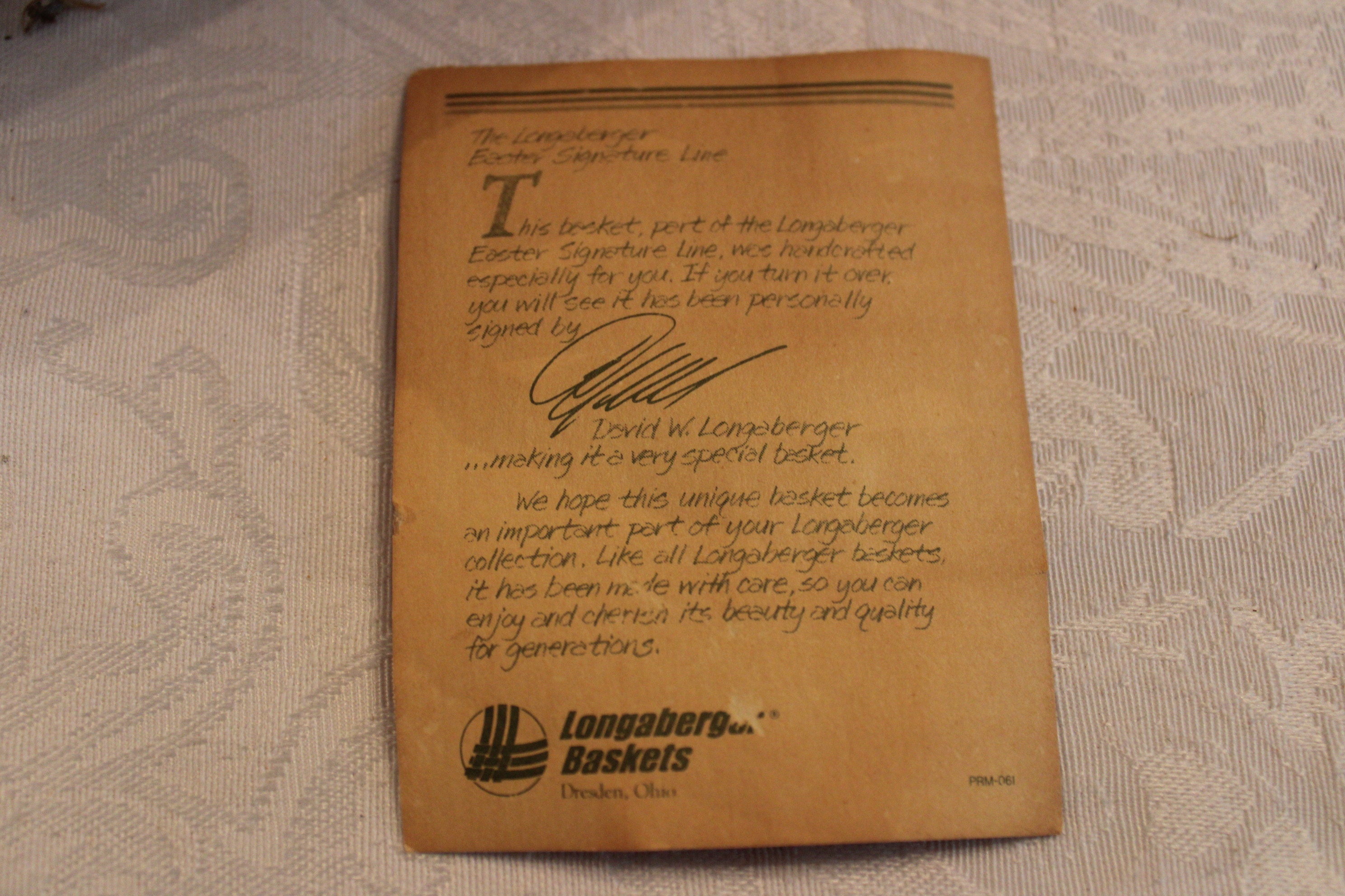 Dave Longaberger Autographed 1986 Easter Basket - Signature Line With ...