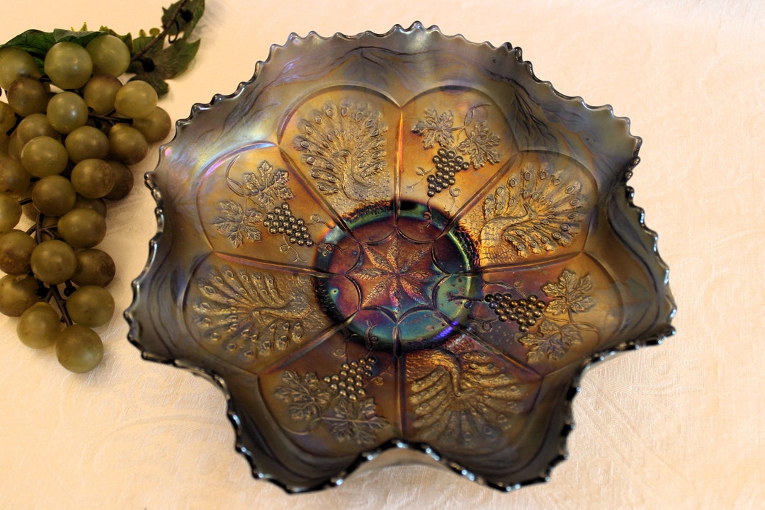 George & Nancy Fenton Signed Antique Cobalt Blue Carnival Glass Ruffled ...