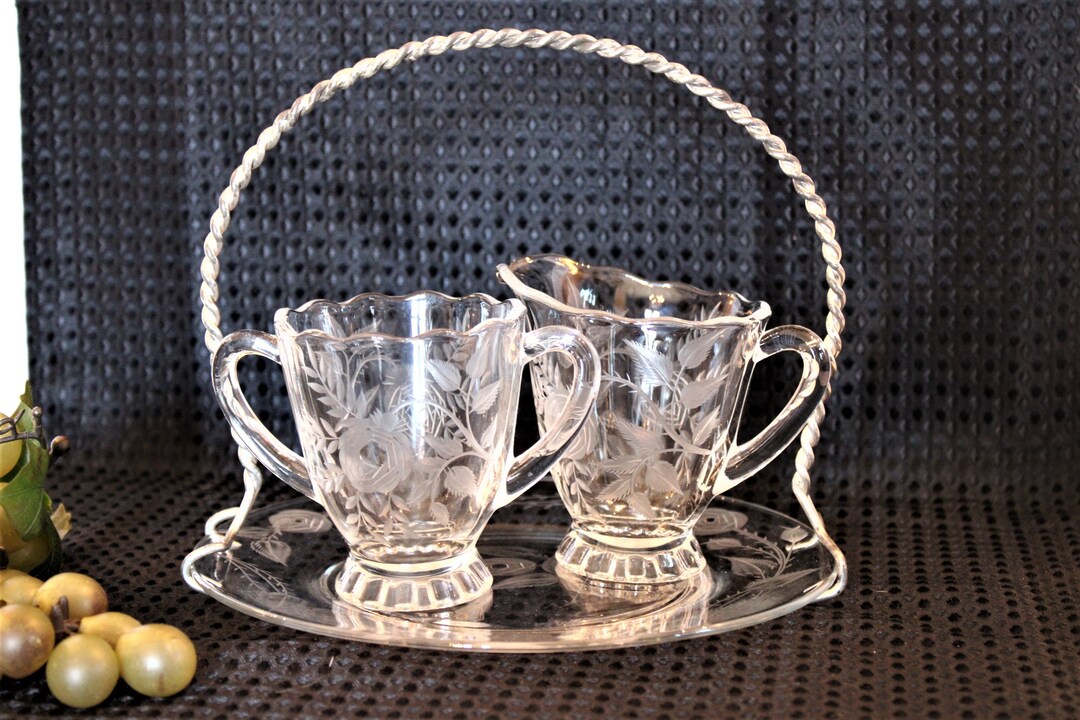 Vintage Rose Cut Glass Matching Creamer and Sugar Bowl With 8" Handled ...