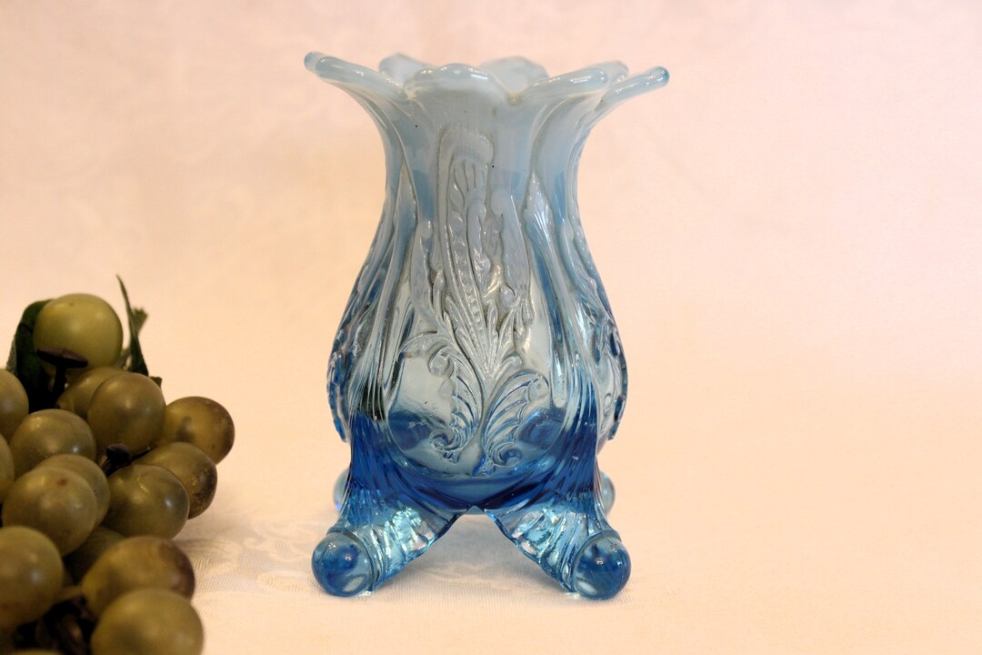 Antique Blue Opalescent Glass Vase -inverted Fan & Feather Pattern ...