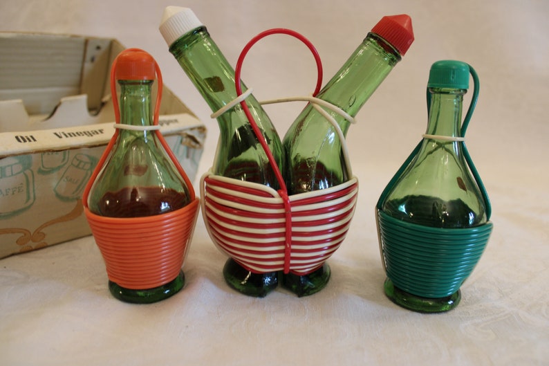 Vintage Lobeco Italian Glass Oil Vinegar Salt and Pepper Serving Set ...