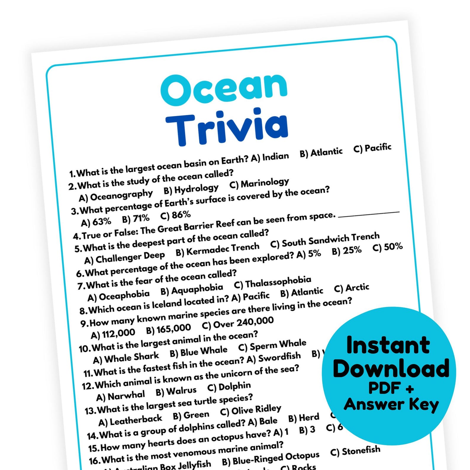 Ocean Trivia Game | Ocean Game Printable | Sea Baby Shower Game |ocean ...