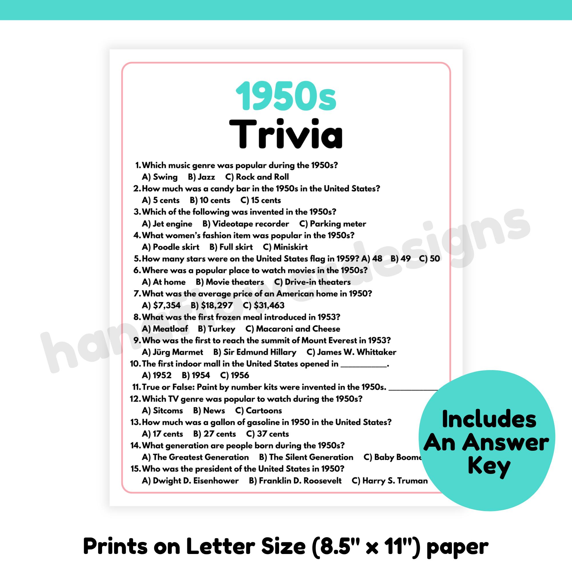 1950s Trivia Game 1950s Game Printable 1950s Party Game for Adults and ...