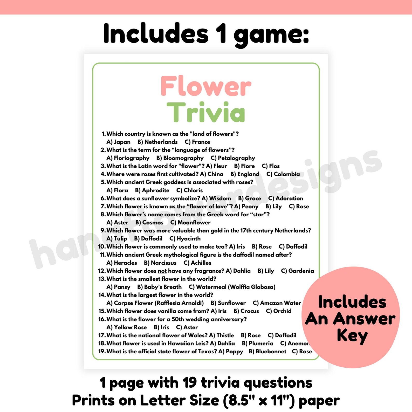 Flower Trivia Game | Flower Game Printable | Floral Bridal Shower Game ...