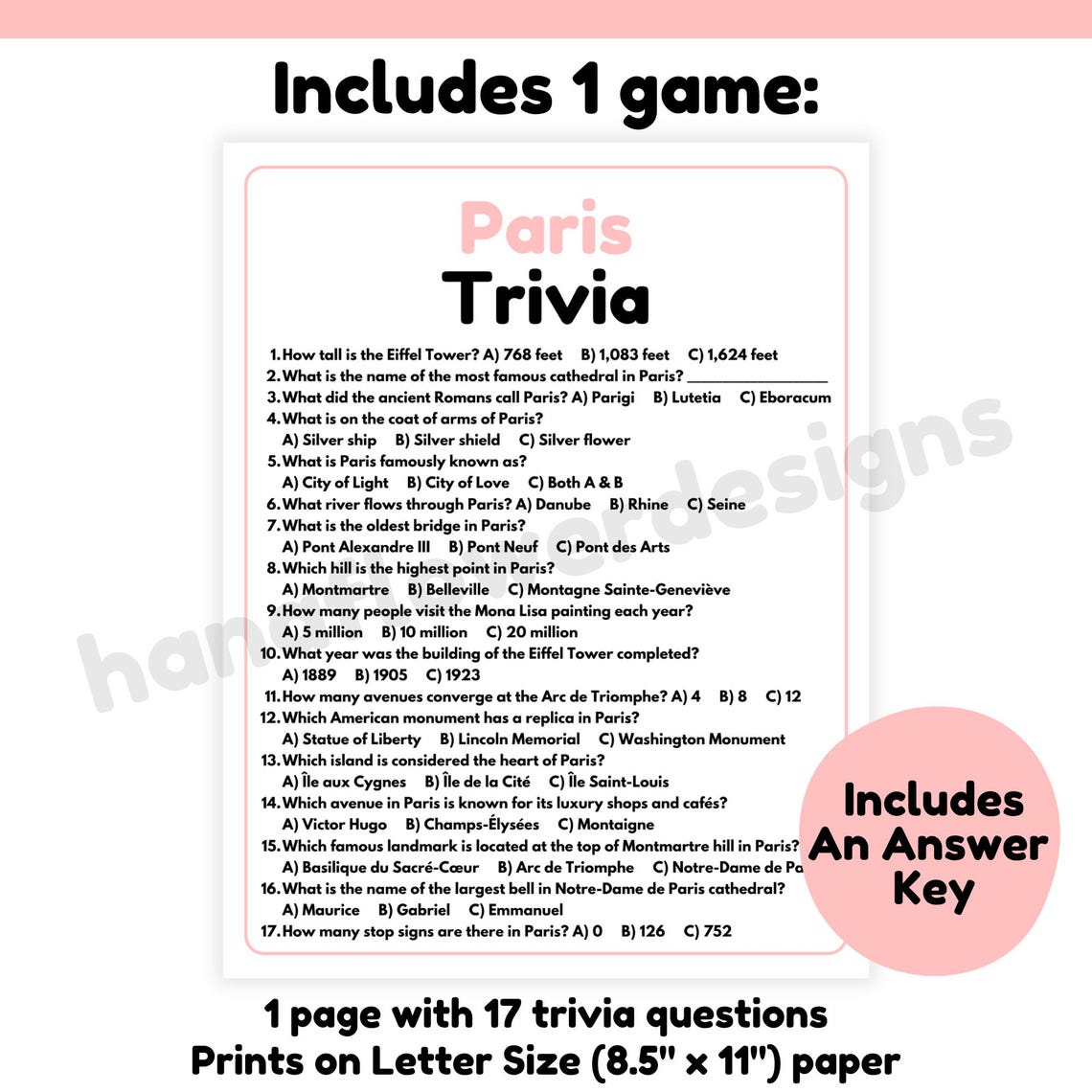 Paris Trivia Game | Paris Game Printable | Paris Bridal Shower Game ...