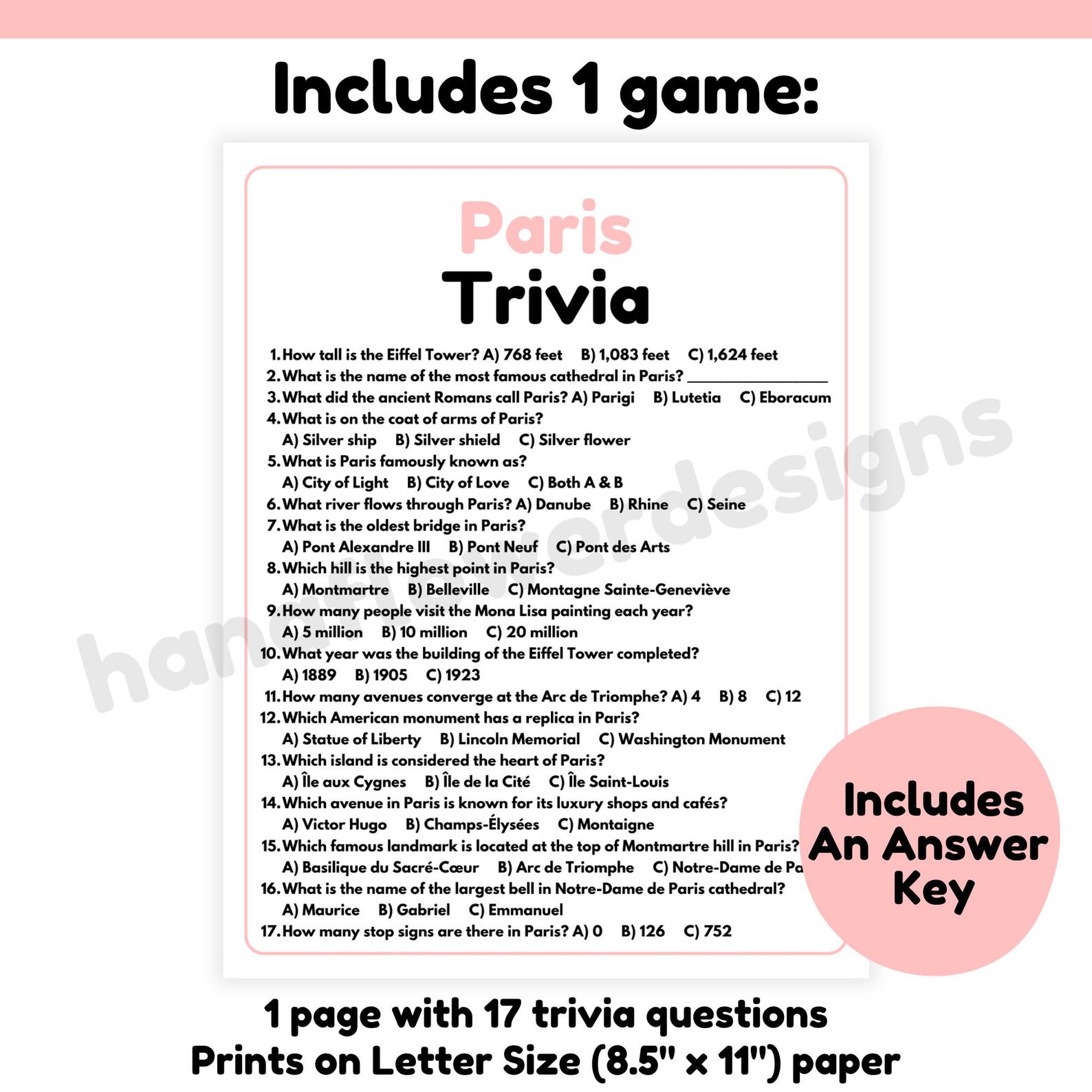 Paris Trivia Game | Paris Game Printable | Paris Bridal Shower Game ...