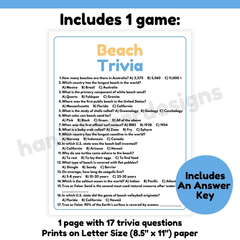 Beach Trivia Game | Beach Game Printable | Beach Bridal Shower Game ...