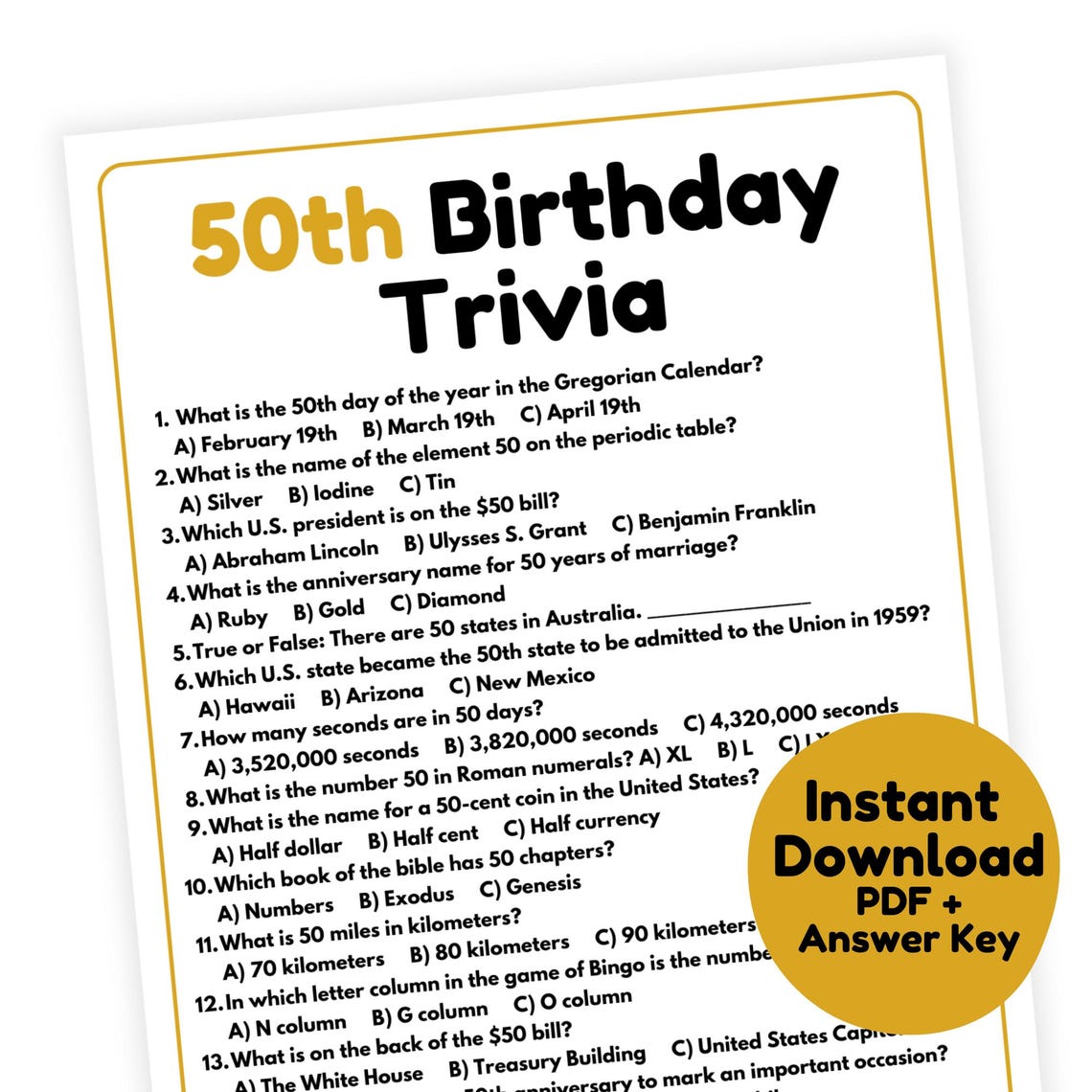 50th Birthday Trivia Game | 50th Birthday Game Printable | 50th ...