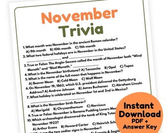 November Trivia Game, Printable November Quiz, Fall Party Games, Fall ...