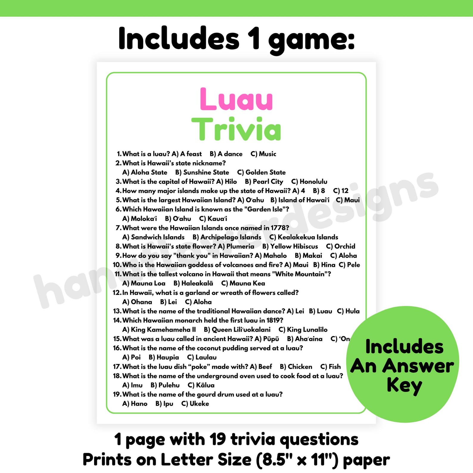 Luau Trivia Game | Luau Game Printable | Luau Party Game for Adults ...