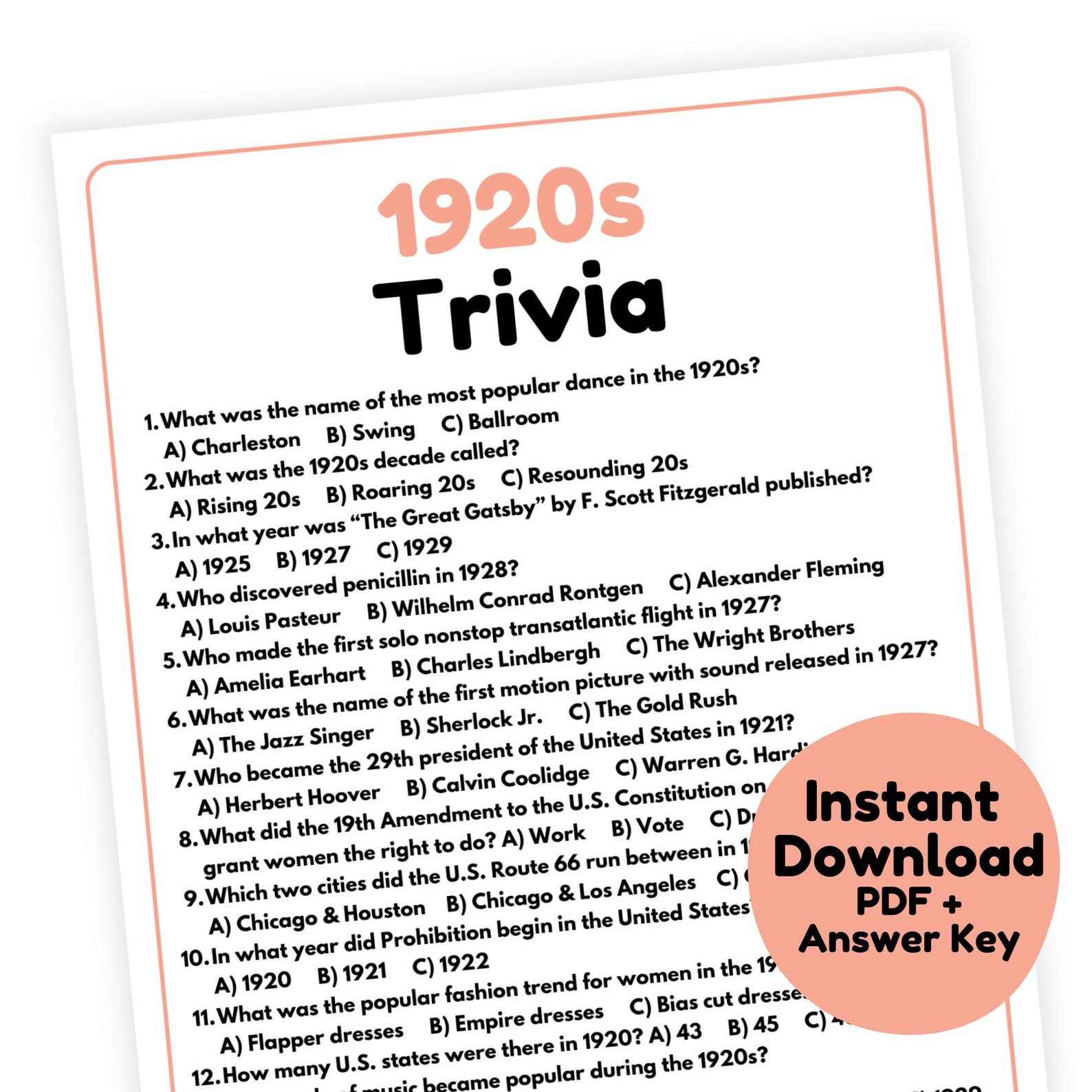 1920s Trivia Game | 1920s Game Printable | 1920s Party Game for Adults ...
