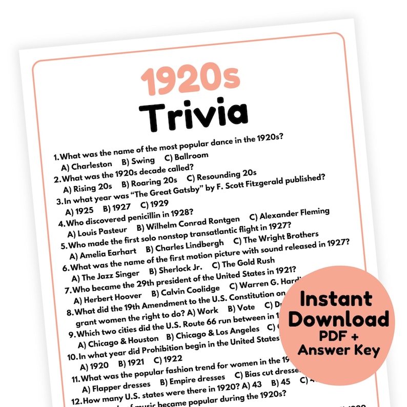 1920s Trivia Game | 1920s Game Printable | 1920s Party Game for Adults ...