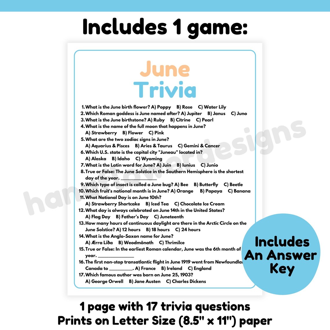 June Trivia Game | Month Trivia Game Printable | Summer Trivia Game ...