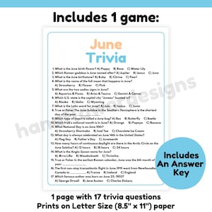 June Trivia Game | Month Trivia Game Printable | Summer Trivia Game ...