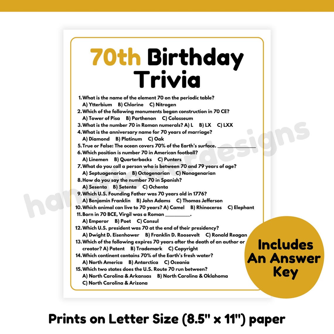 70th Birthday Trivia Game 70th Birthday Game Printable 70th Birthday