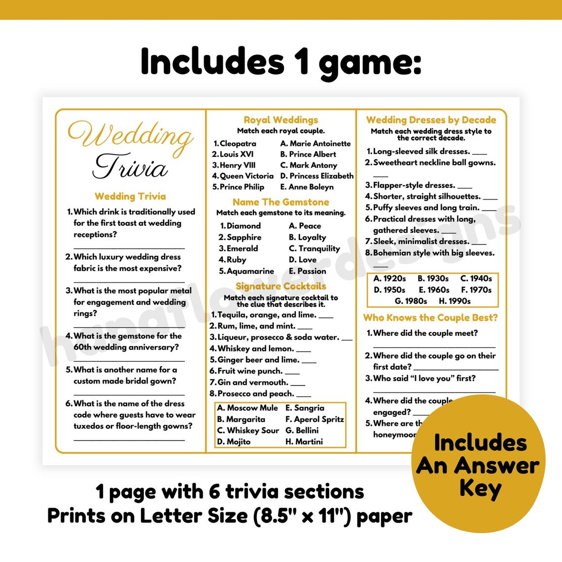 GLAMOROUS Wedding Trivia Game Printable | Wedding Game for Guests ...