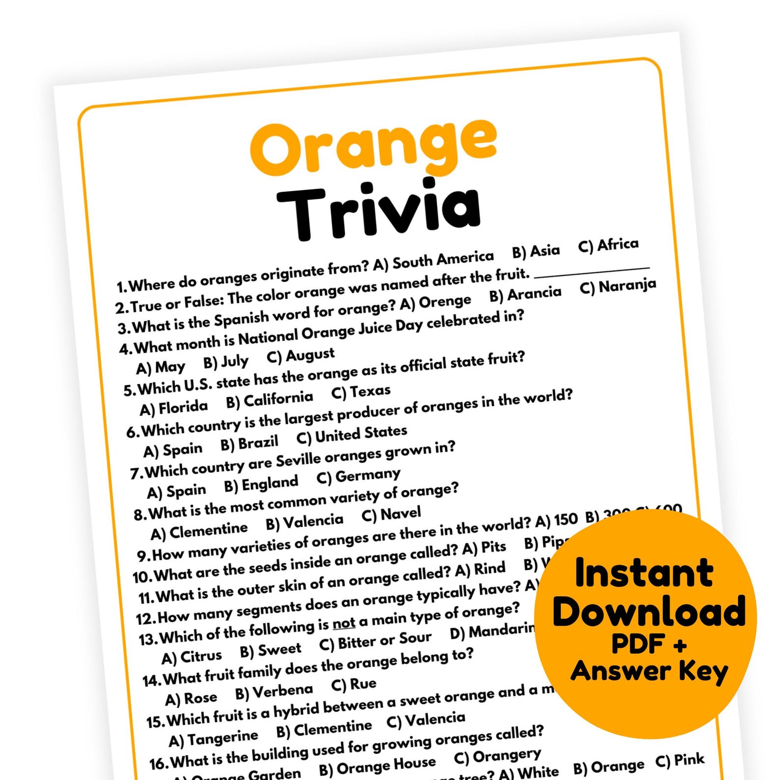 Orange Trivia Game | Orange Game Printable | Orange Baby Shower Game ...