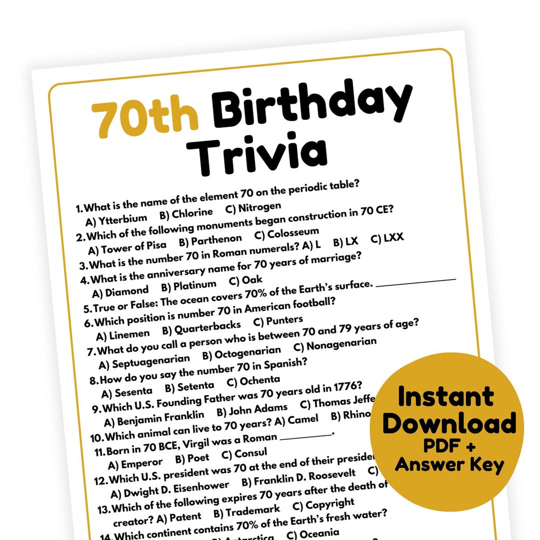 70th Birthday Trivia Game | 70th Birthday Game Printable | 70th ...