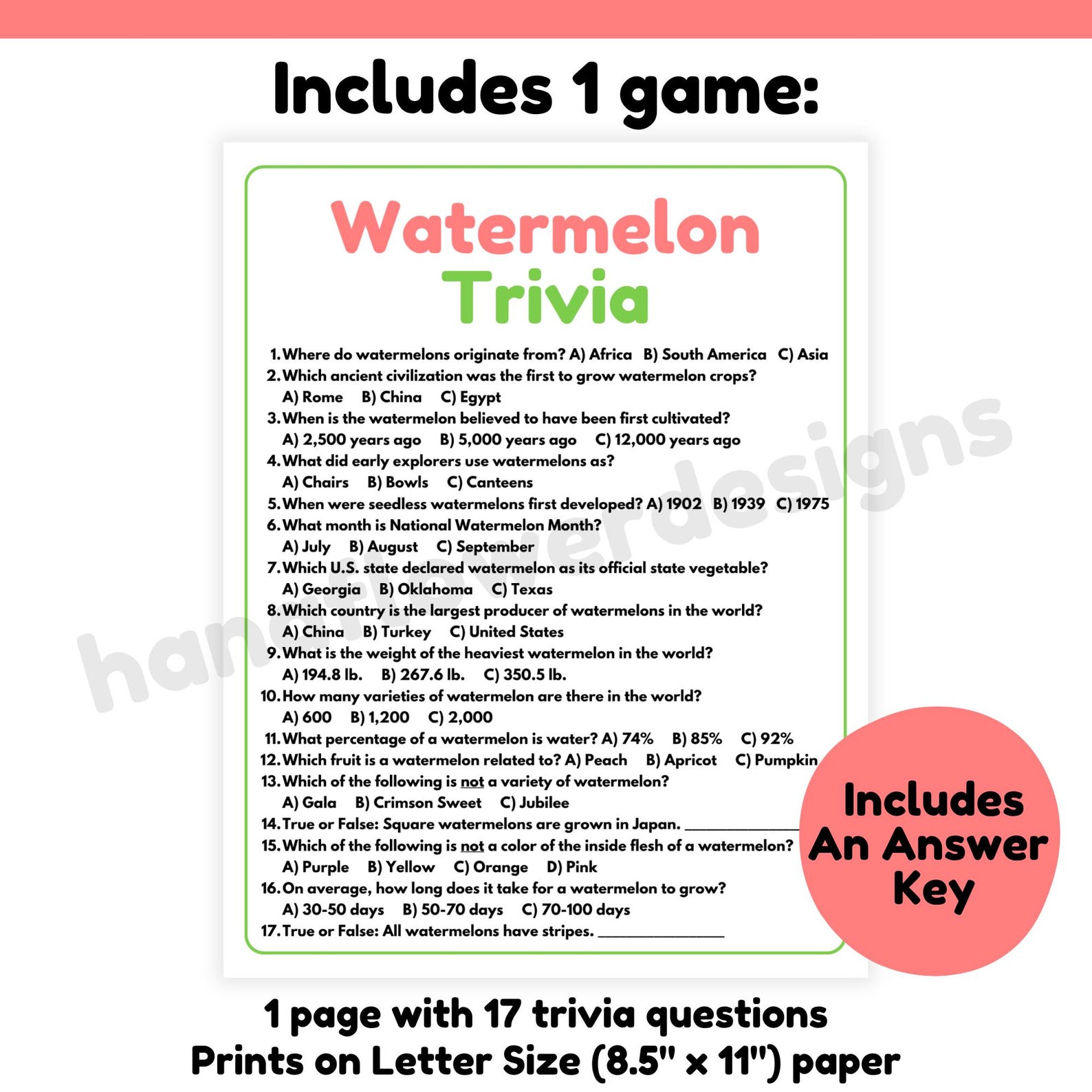 Watermelon Trivia Game | Watermelon Game Printable | Watermelon Baby ...