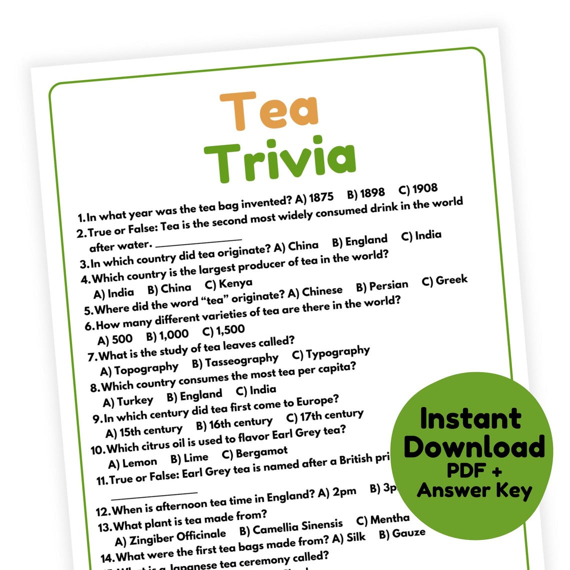 Tea Trivia Game | Tea Game Printable | Tea Party Bridal Shower Game ...