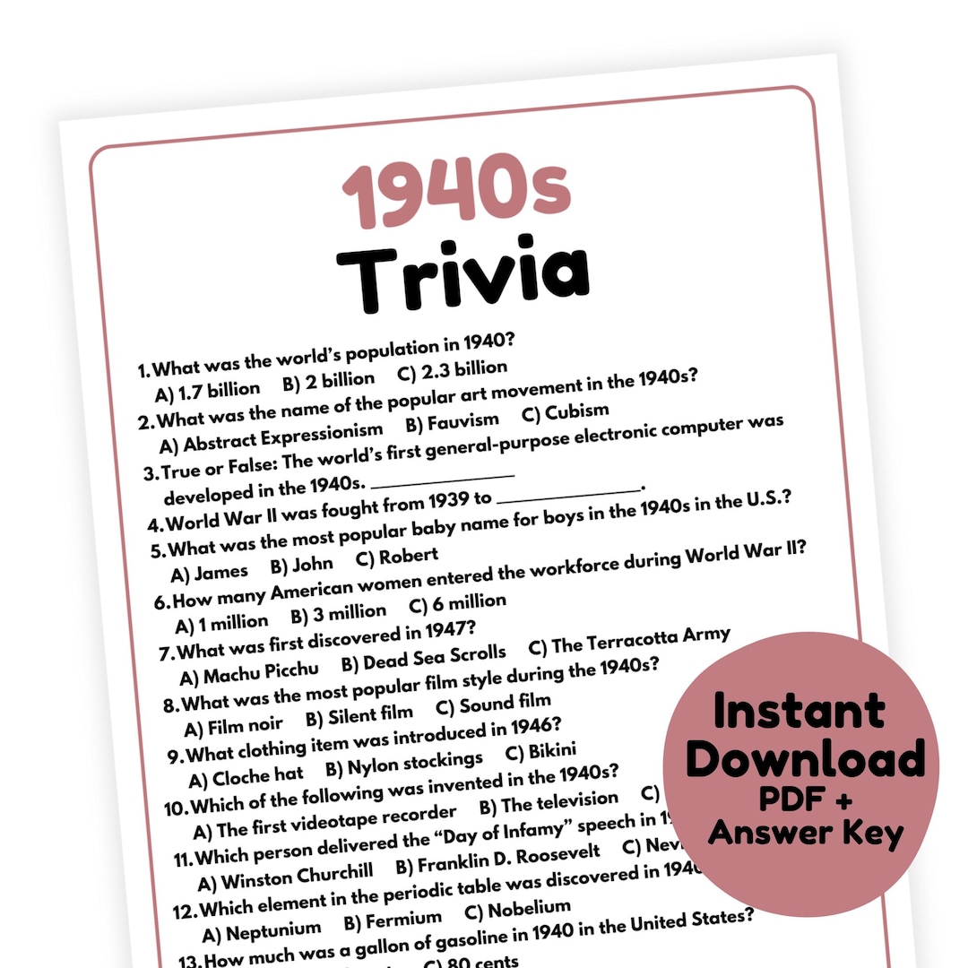 1940s Trivia Game | 1940s Game Printable | 1940s Party Game for Adults ...