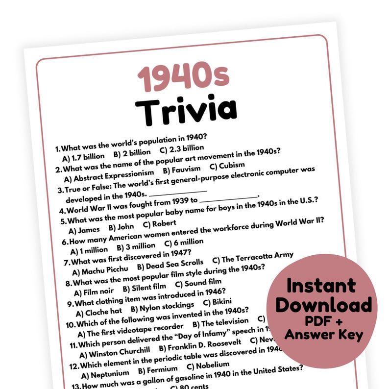 1940s Trivia Game | 1940s Game Printable | 1940s Party Game for Adults ...
