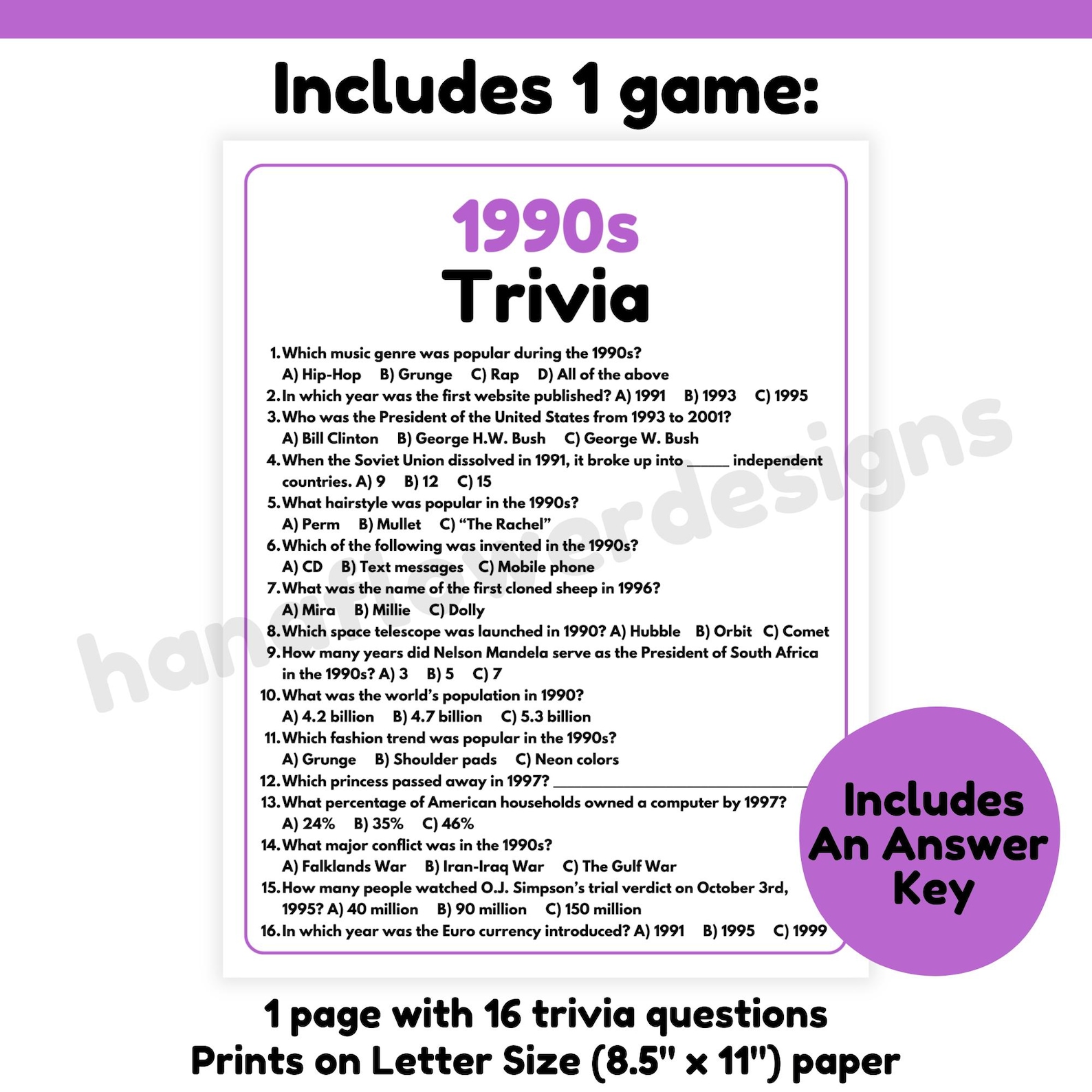 1990s Trivia Game | 1990s Game Printable | 1990s Party Game for Adults ...
