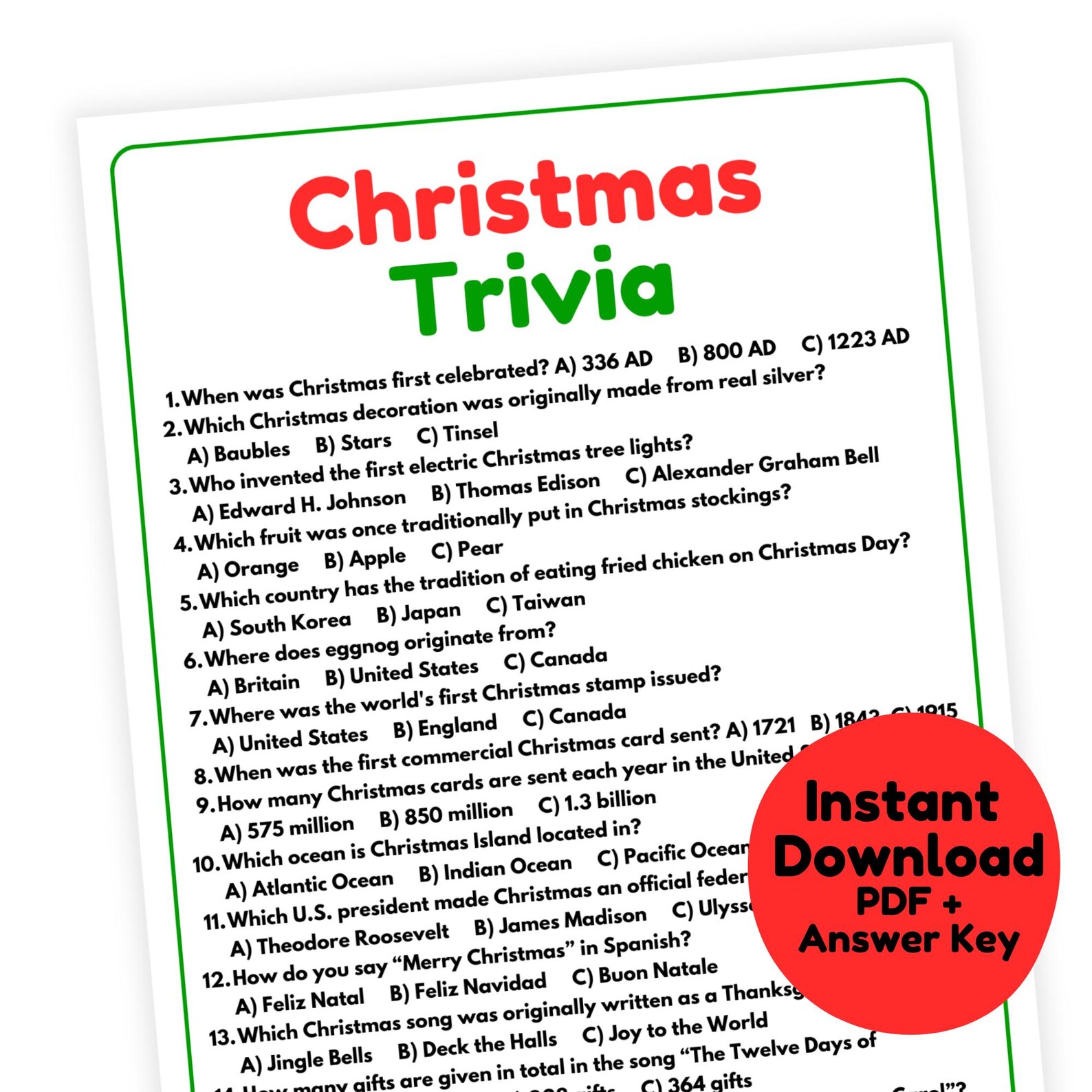 Christmas Trivia Game | Christmas Game Printable | Christmas Party Game ...