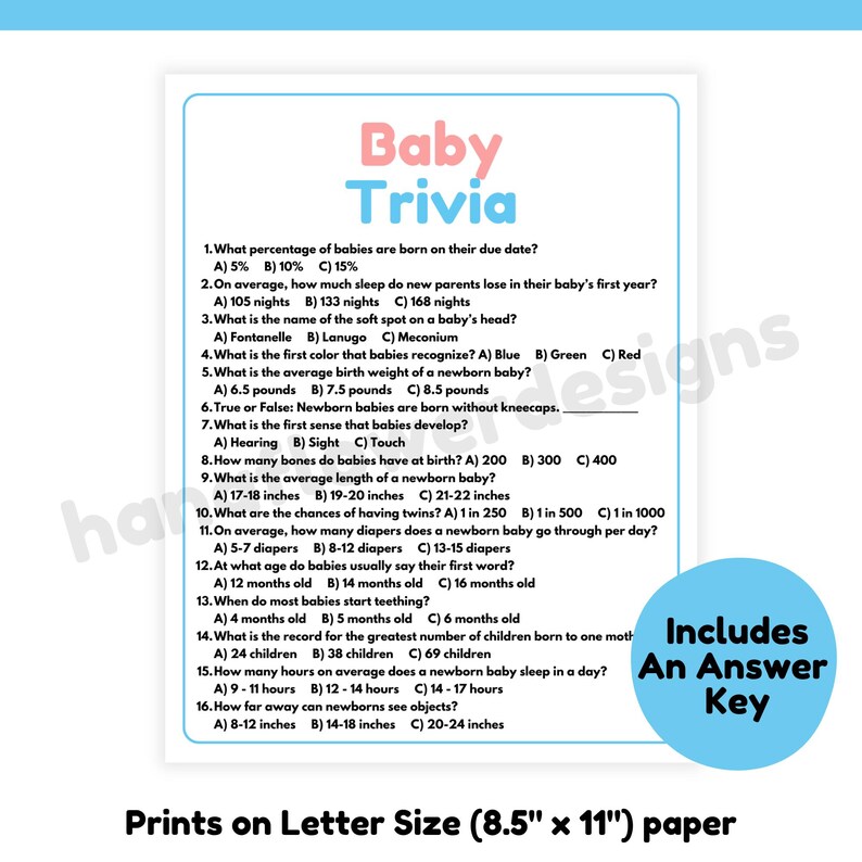 Baby Trivia Game Baby Shower Game Printable Baby Shower Party Game for ...