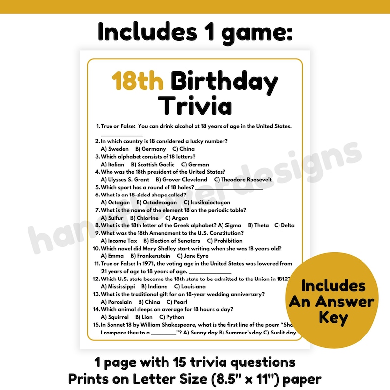 18th Birthday Trivia Game | 18th Birthday Game Printable | 18th ...
