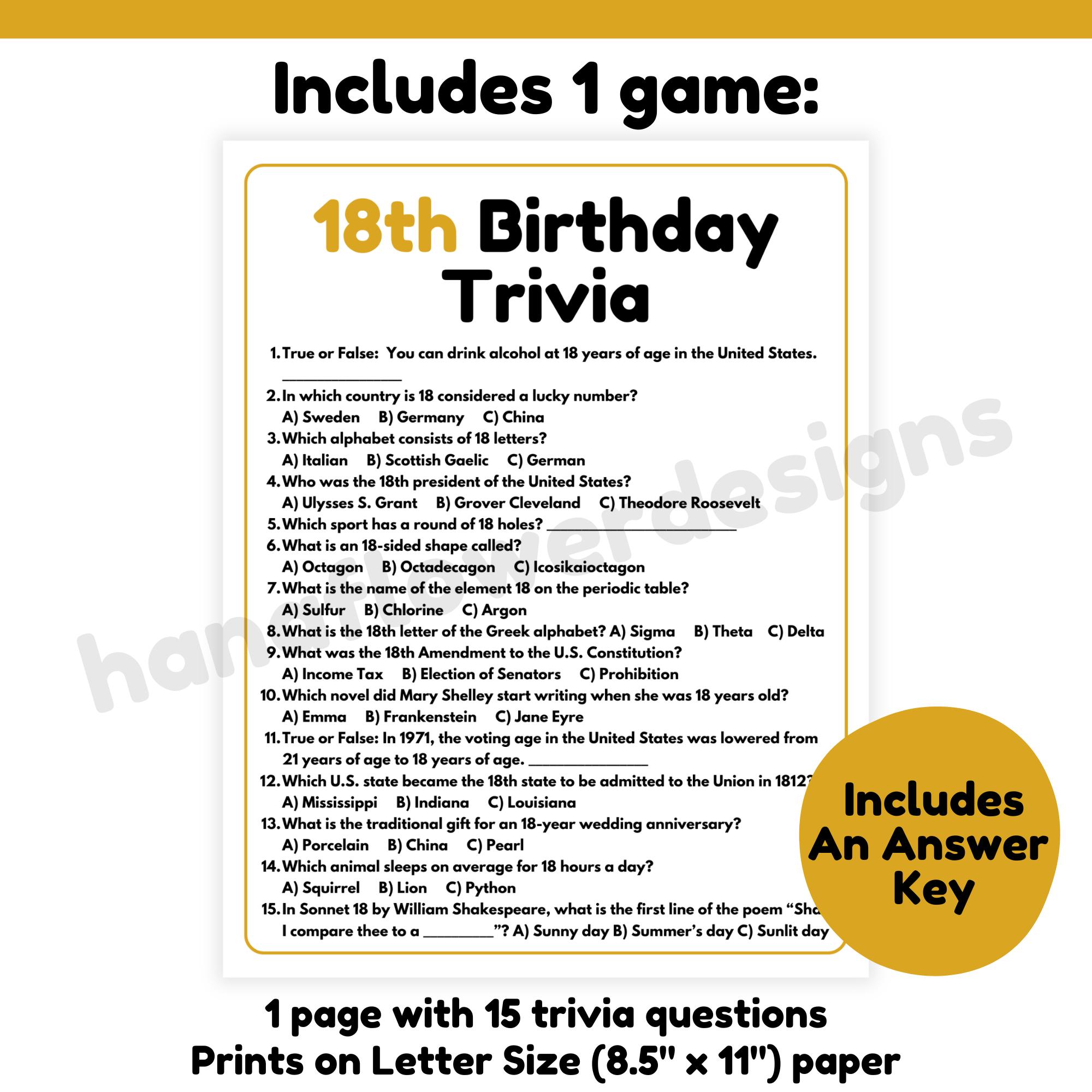 18th Birthday Trivia Game | 18th Birthday Game Printable | 18th ...