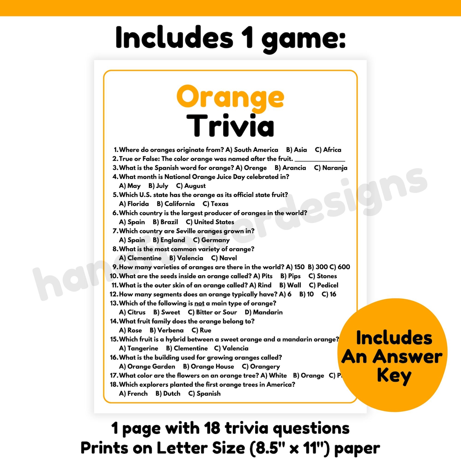 Orange Trivia Game | Orange Game Printable | Orange Baby Shower Game ...