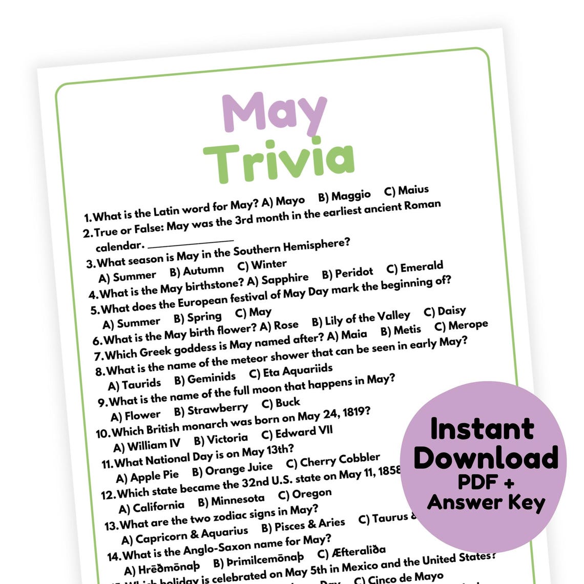 May Trivia Game | Month Trivia Game Printable | Spring Trivia Game ...