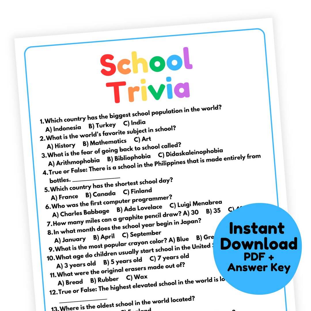 Back to School Trivia Game School Games Printable School Party Games ...