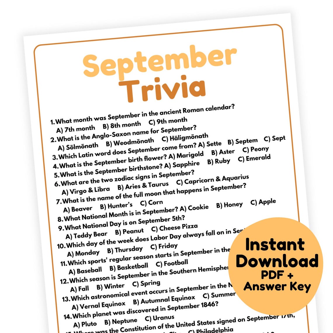 September Trivia Game | September Game Printable | Fall Trivia Game ...