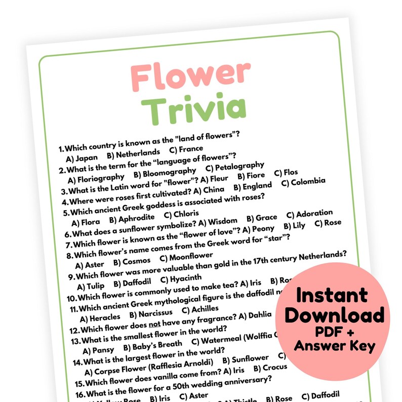 Flower Trivia Game | Flower Game Printable | Floral Bridal Shower Game ...
