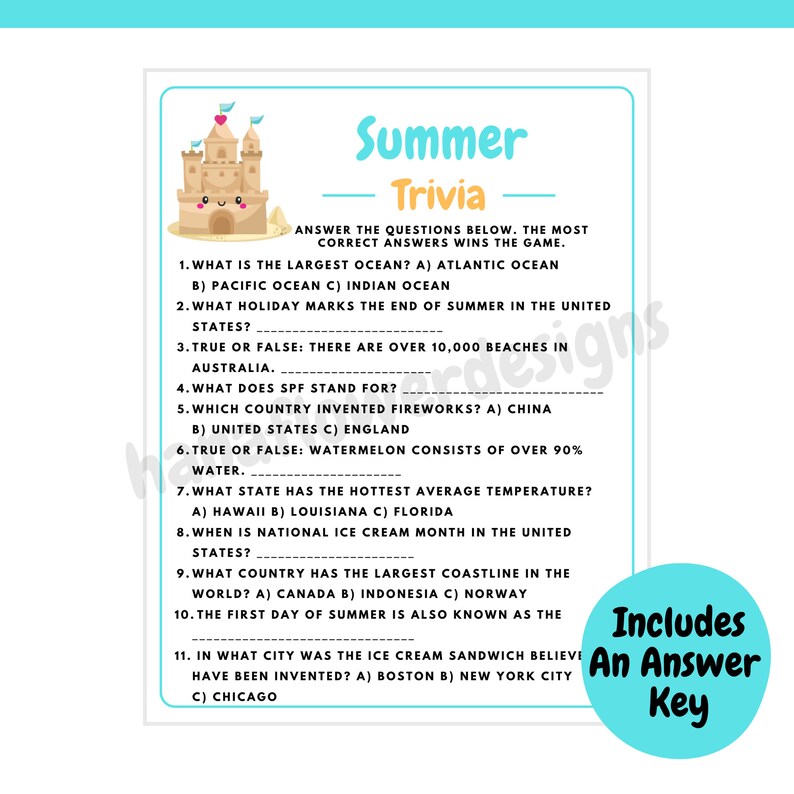 Summer Trivia Printable Party Game for Adults and Kids - Etsy