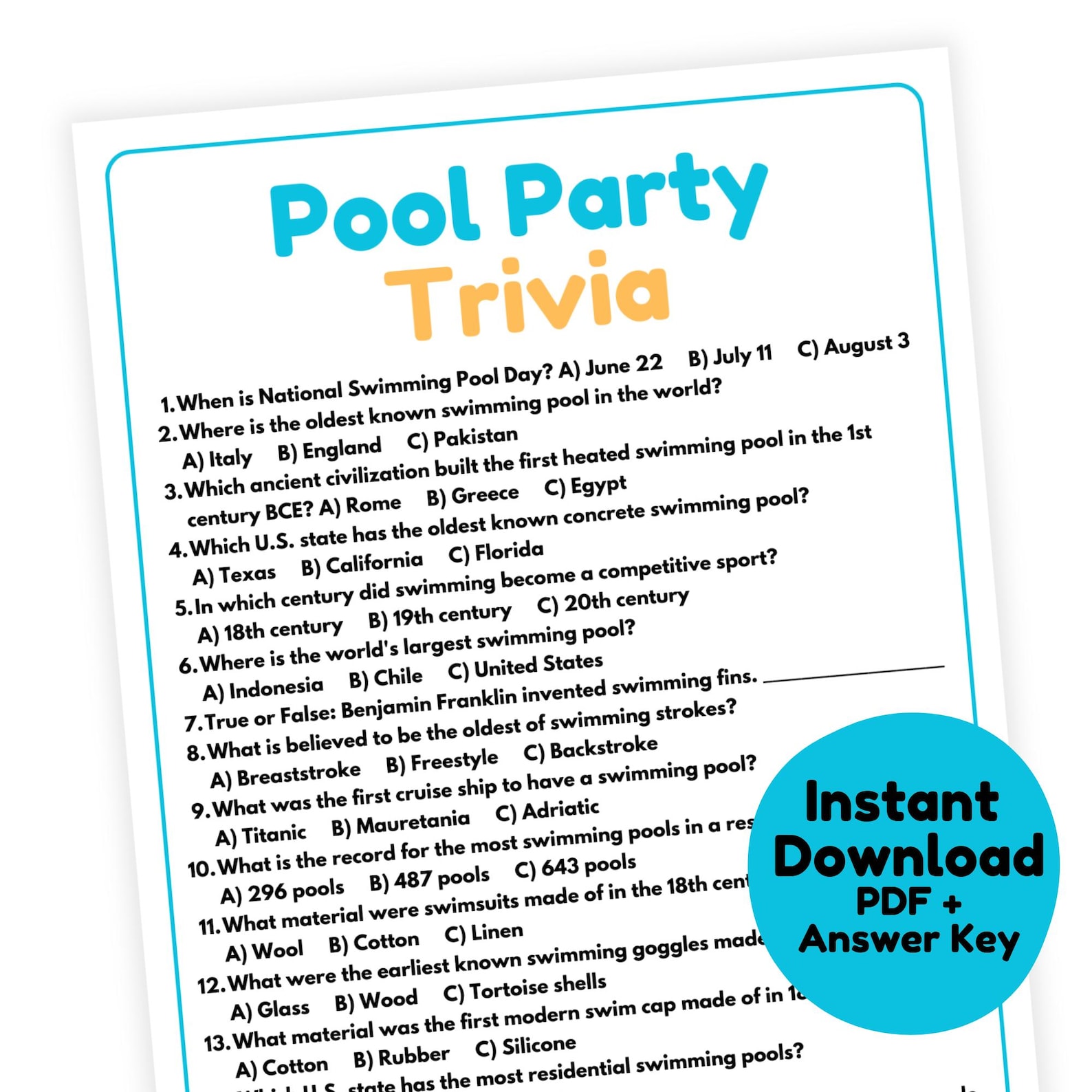 Pool Party Trivia Game | Pool Party Game Printable | Pool Party Game ...
