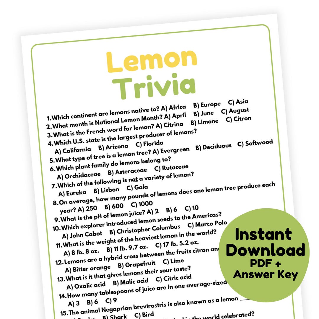 Lemon Trivia Game Printable | Lemon Bridal Shower Game | Citrus Bridal ...