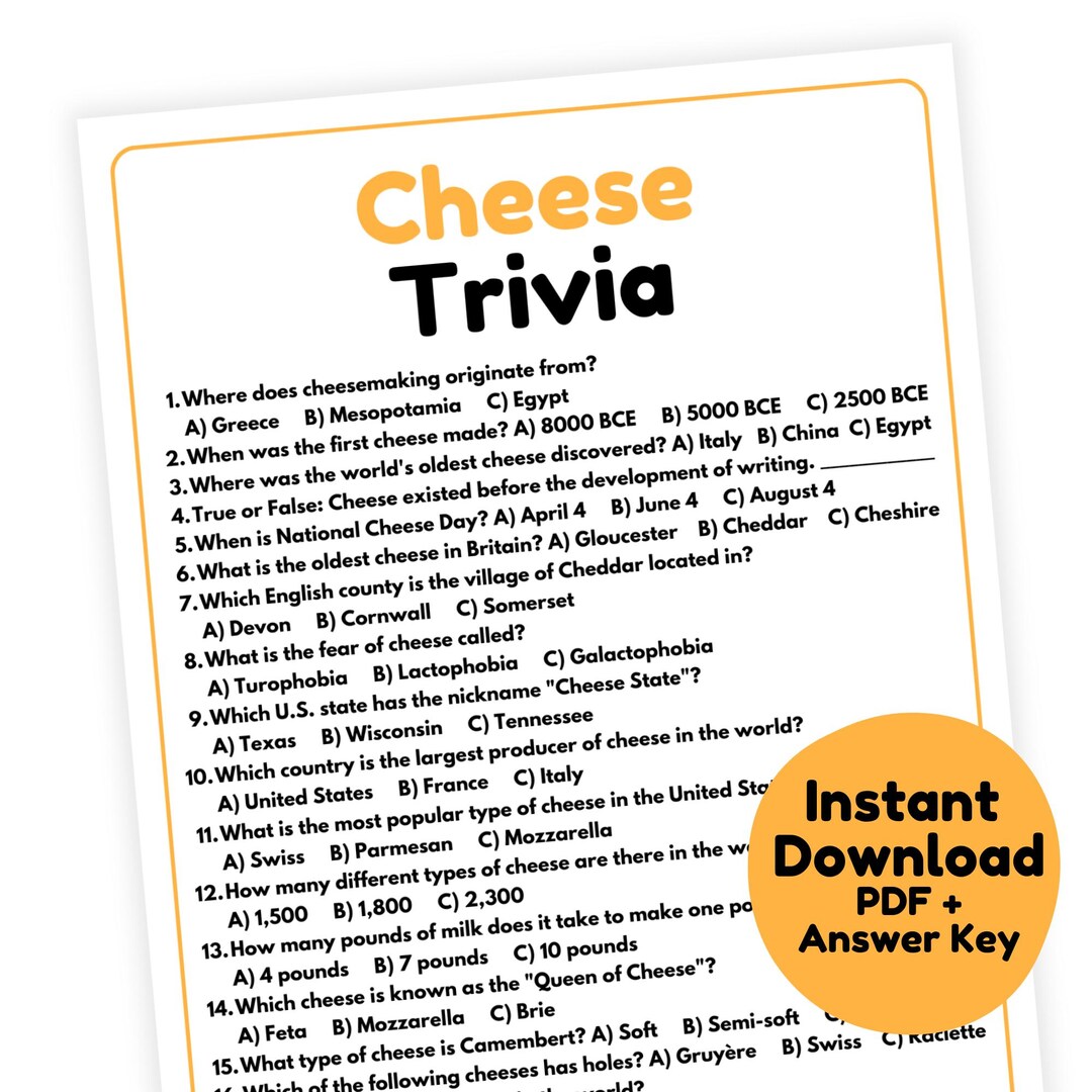 Cheese Trivia Game | Cheese Game Printable | Cheese Party Game for ...