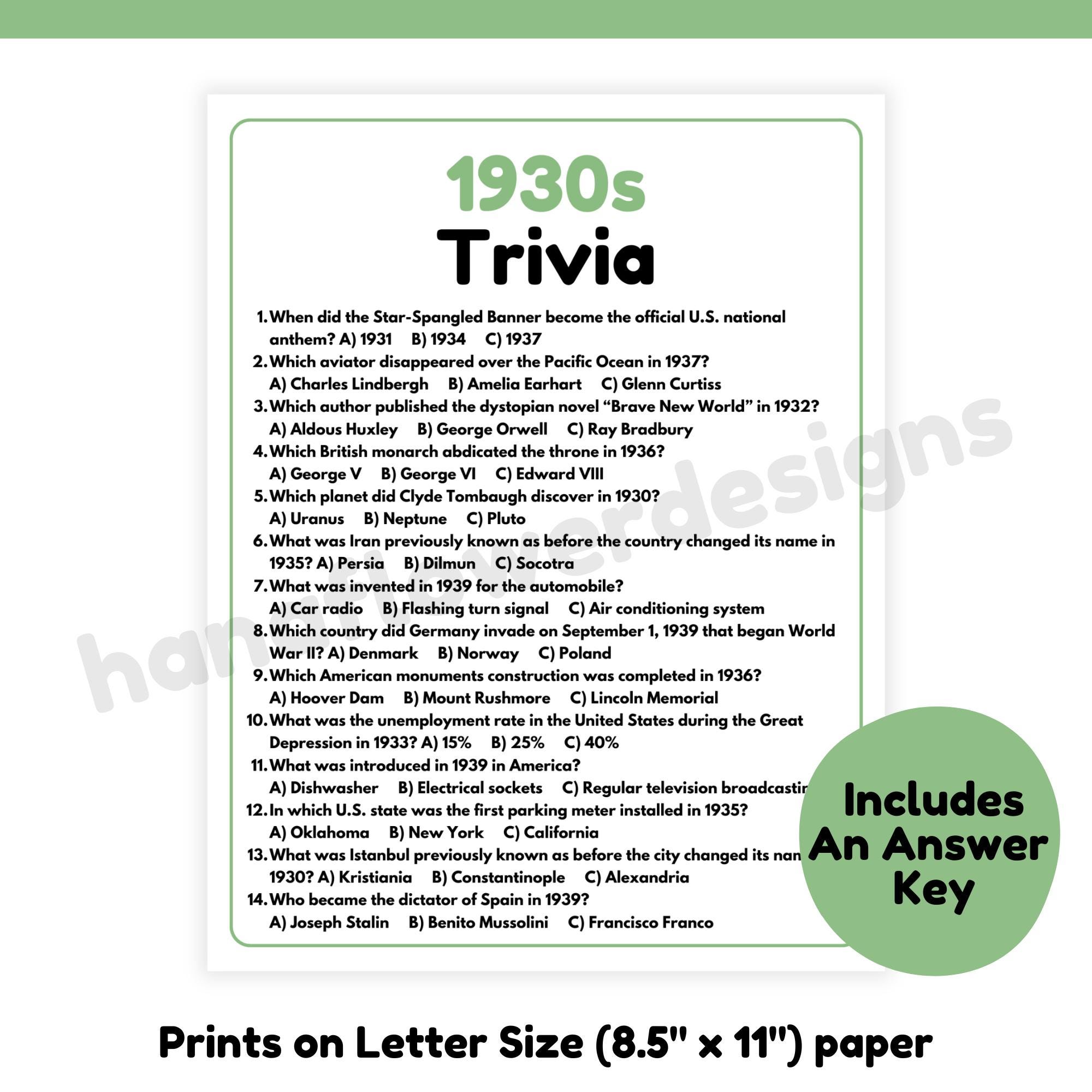 1930s Trivia Game 1930s Game Printable 1930s Party Game for Adults and ...