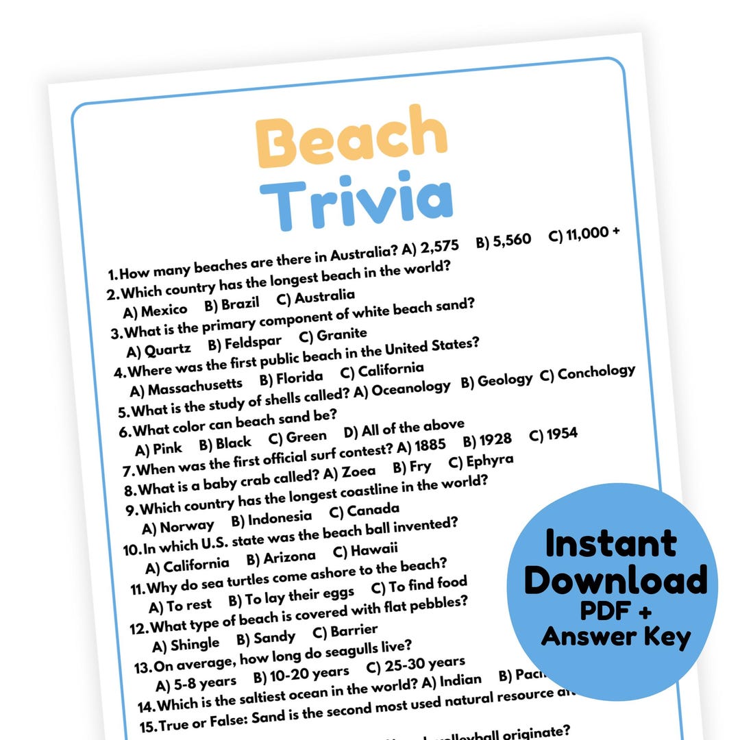 Beach Trivia Game | Beach Game Printable | Beach Bridal Shower Game ...