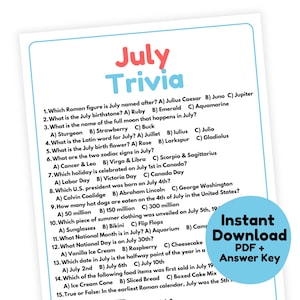 July Trivia Game | Month Trivia Game Printable | Summer Trivia Game ...