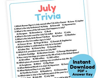 July Trivia Game | Month Trivia Game Printable | Summer Trivia Game ...