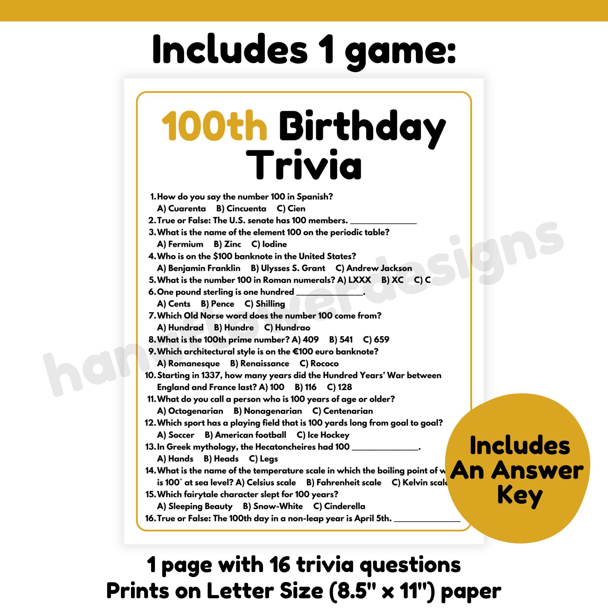 100th Birthday Trivia Game | 100th Birthday Game Printable | 100th ...