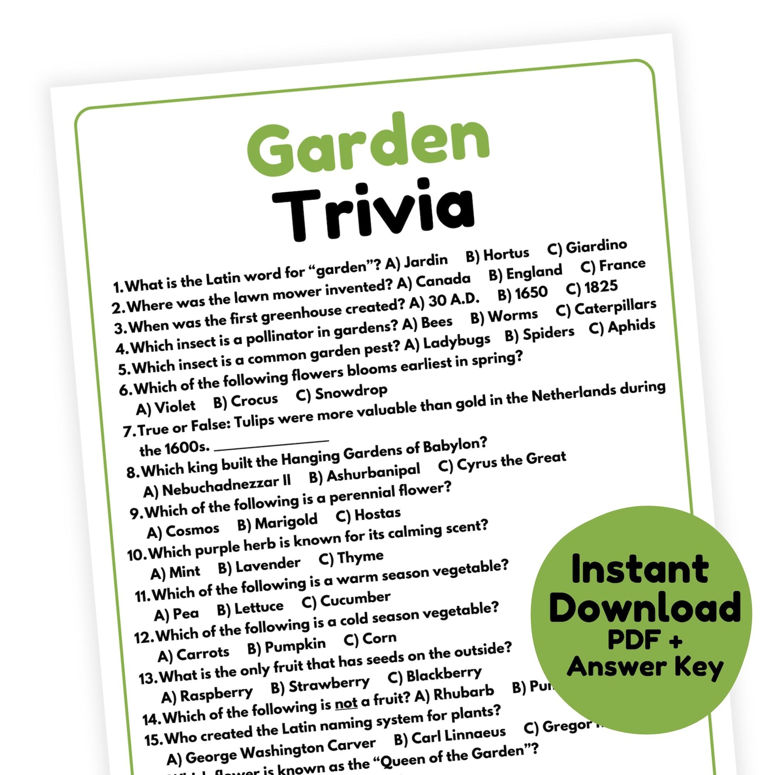 Garden Trivia Game | Gardening Game Printable | Gardening Trivia ...